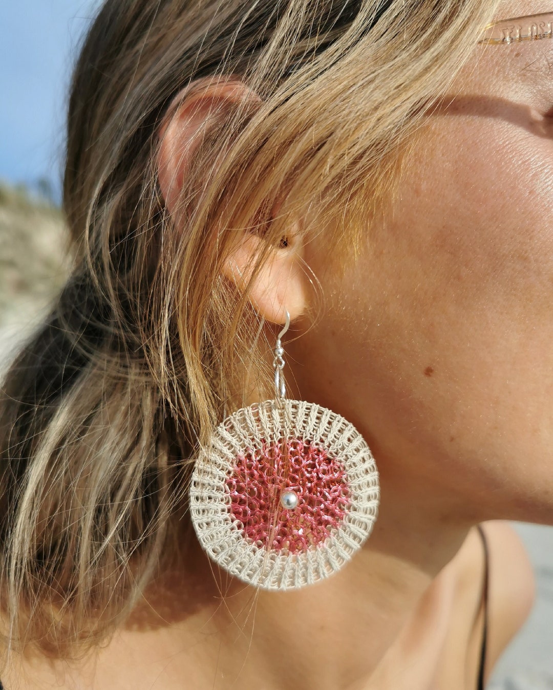 Unique Wire Crochet Circle Earrings in Pink and White - Disc Dangle ...