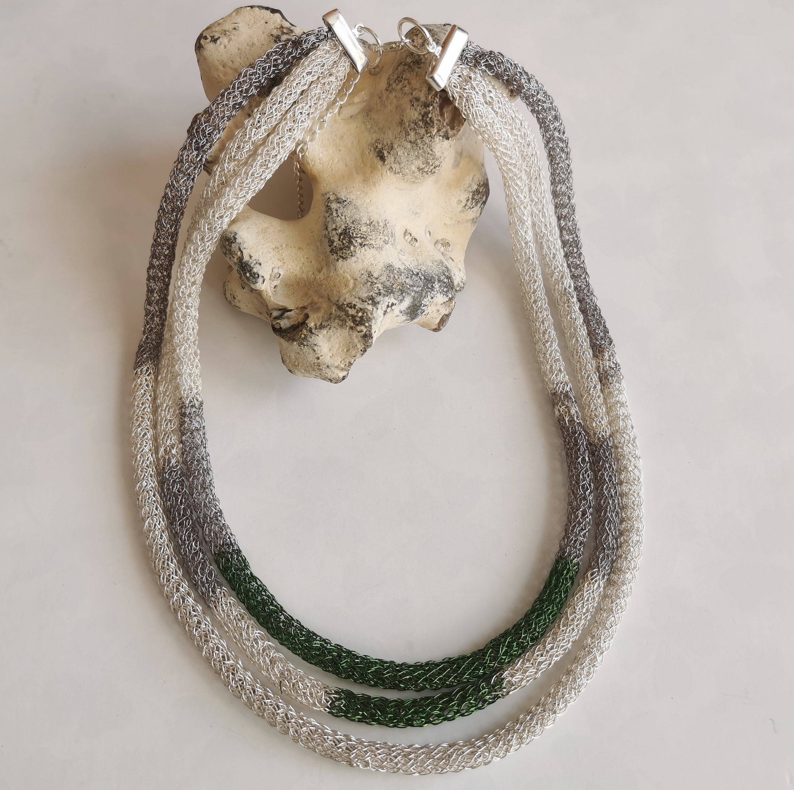 Multistrand Wire Crochet Necklace in Green, Titanium and Silver ...
