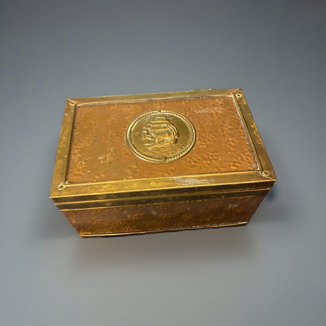 Vintage MCM Copper Brass Clad Wood Box Clipper Ship Motif Great Britain ...
