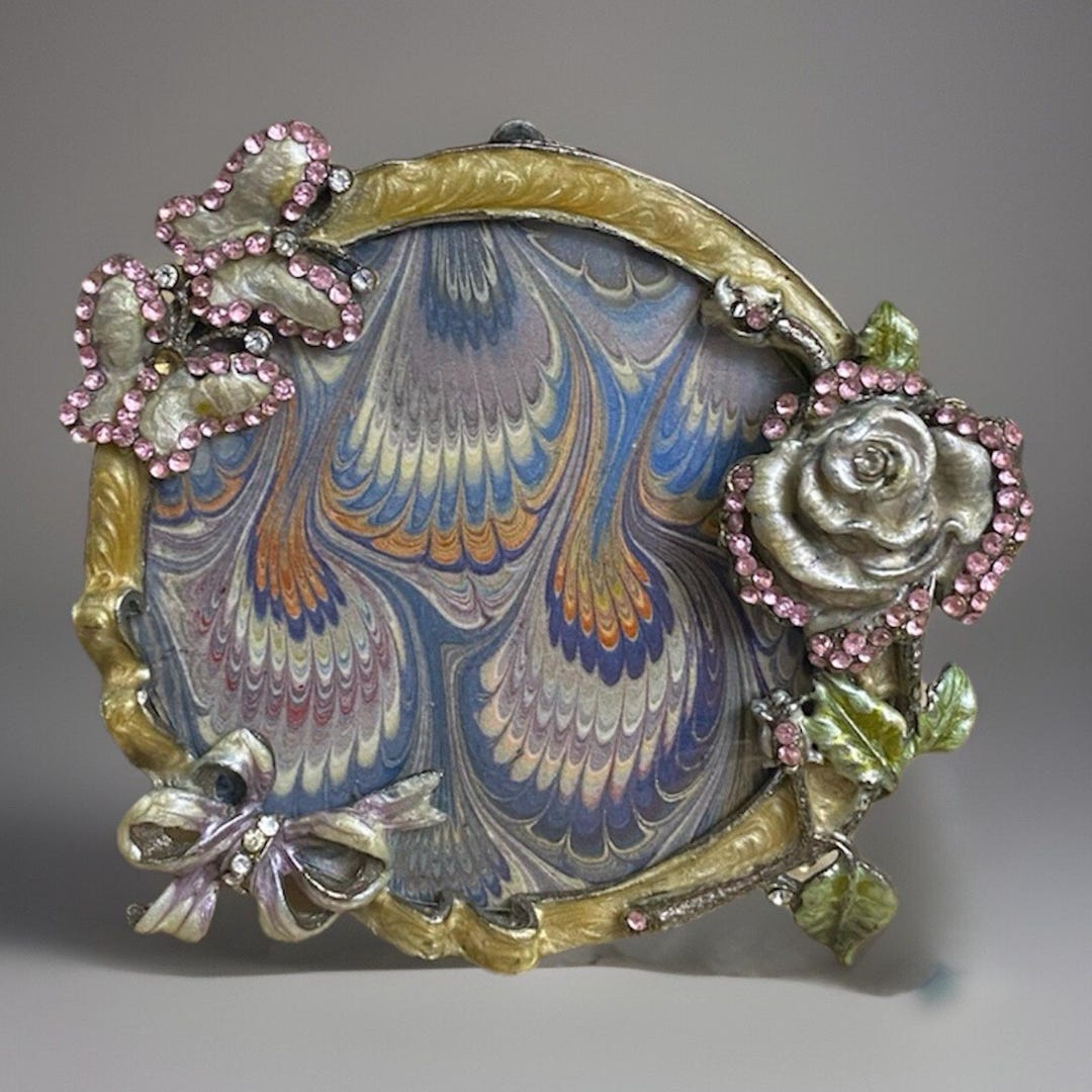 Vintage 3" Round Enameled Metal Bedazzled Picture Frame - Etsy