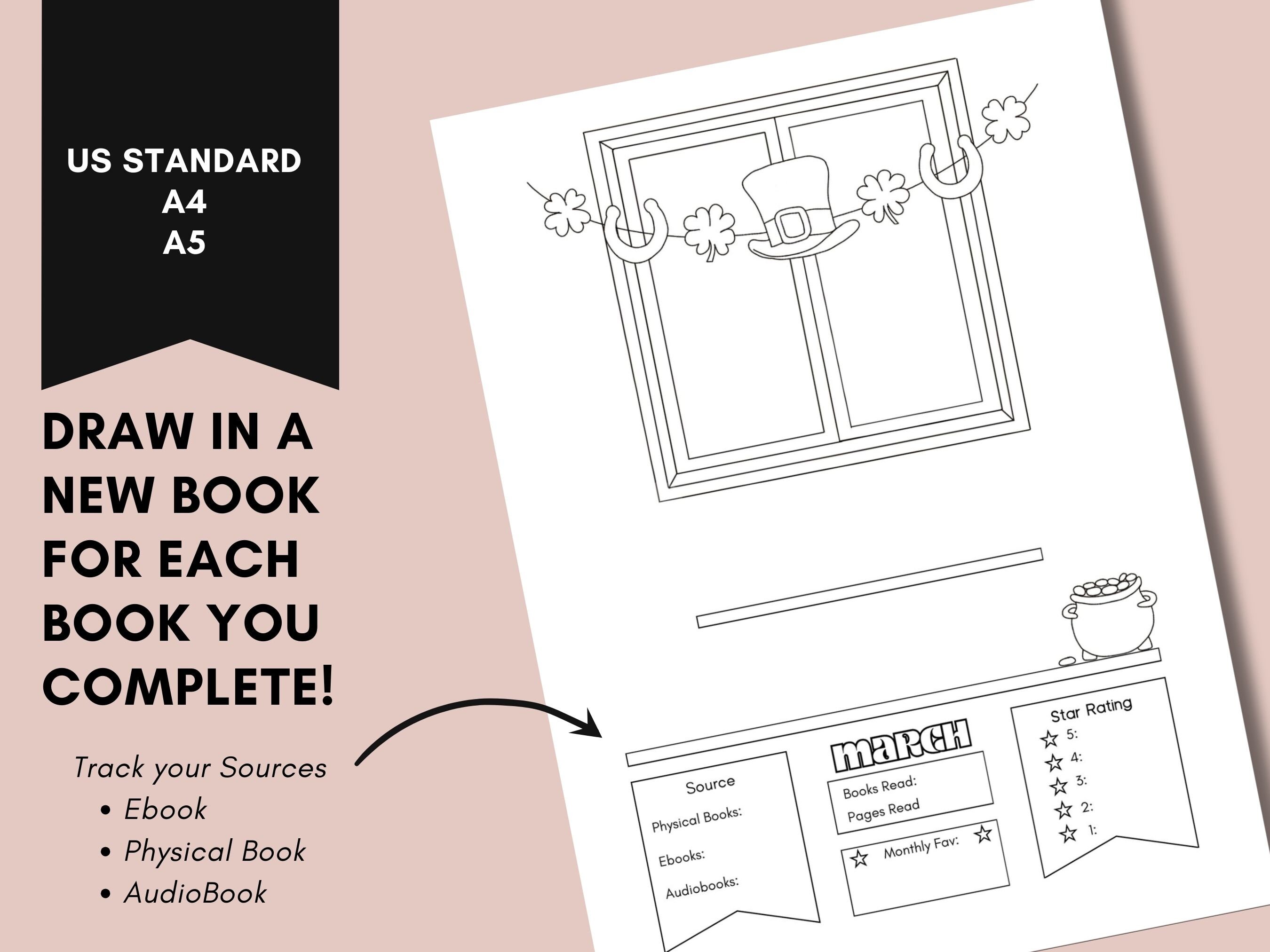 Monthly Reading Log Printable Coloring Book Shelves Tracker Hand Drawn ...