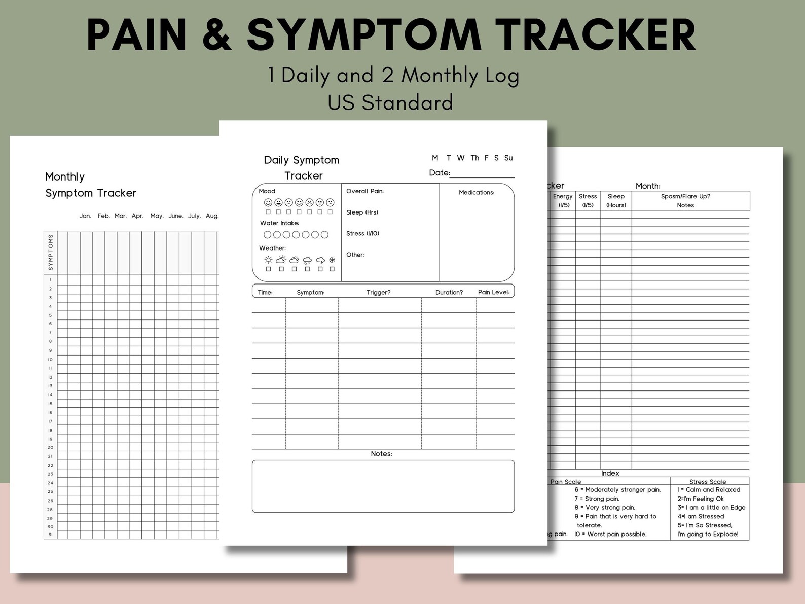 Printable Monthly Symptom Tracker, Fillable Daily Pain Log, Symptom ...