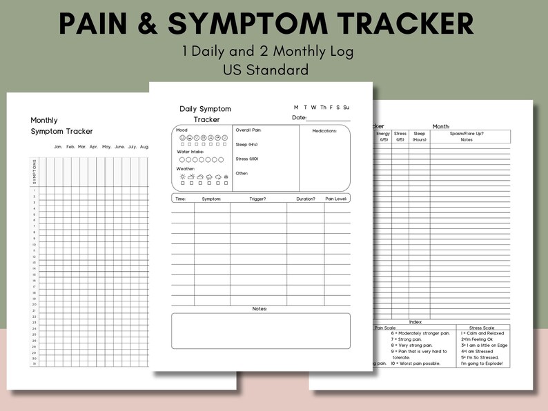 Printable Monthly Symptom Tracker, Fillable Daily Pain Log, Symptom ...