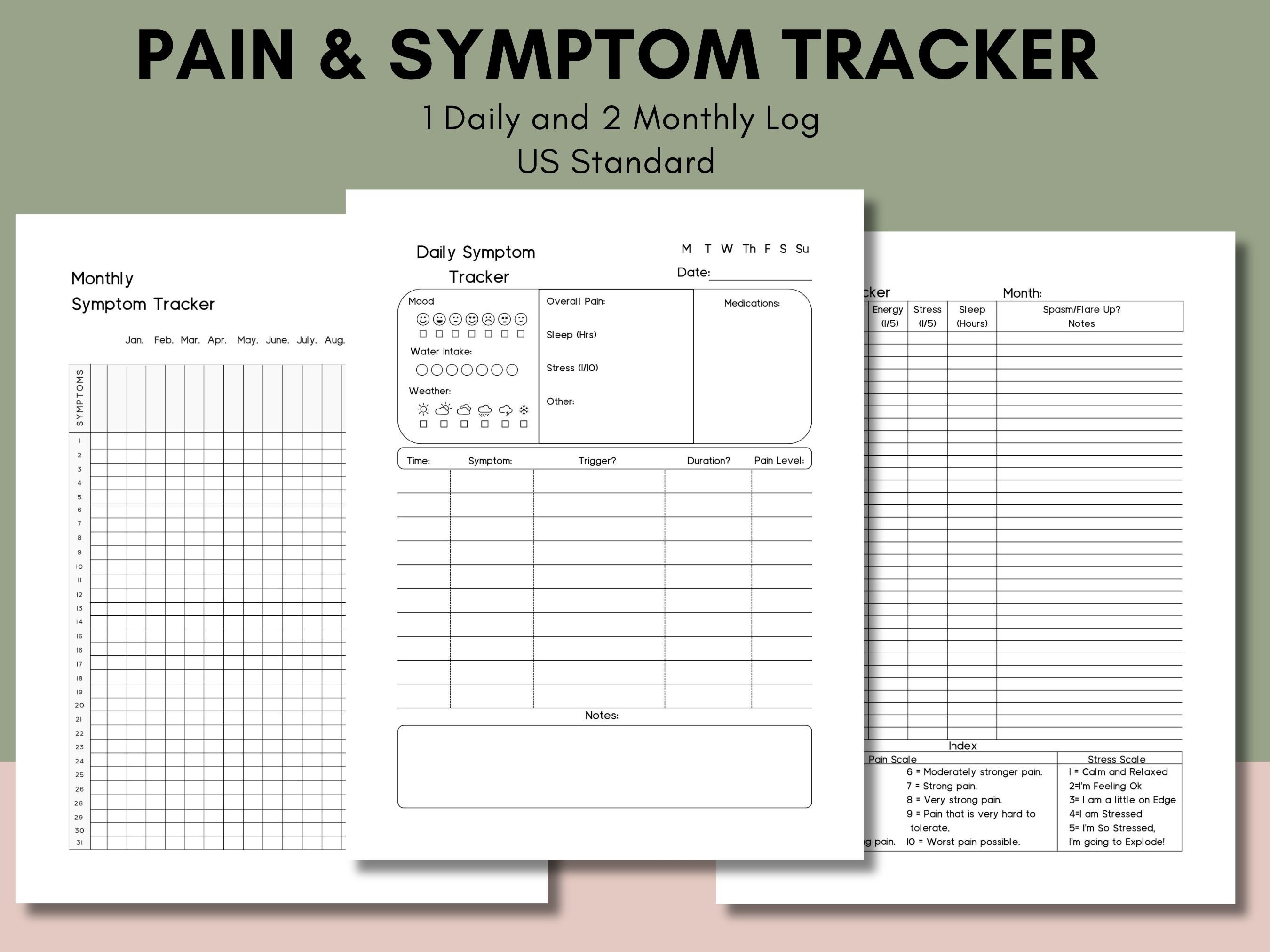 Printable Monthly Symptom Tracker, Fillable Daily Pain Log, Symptom ...