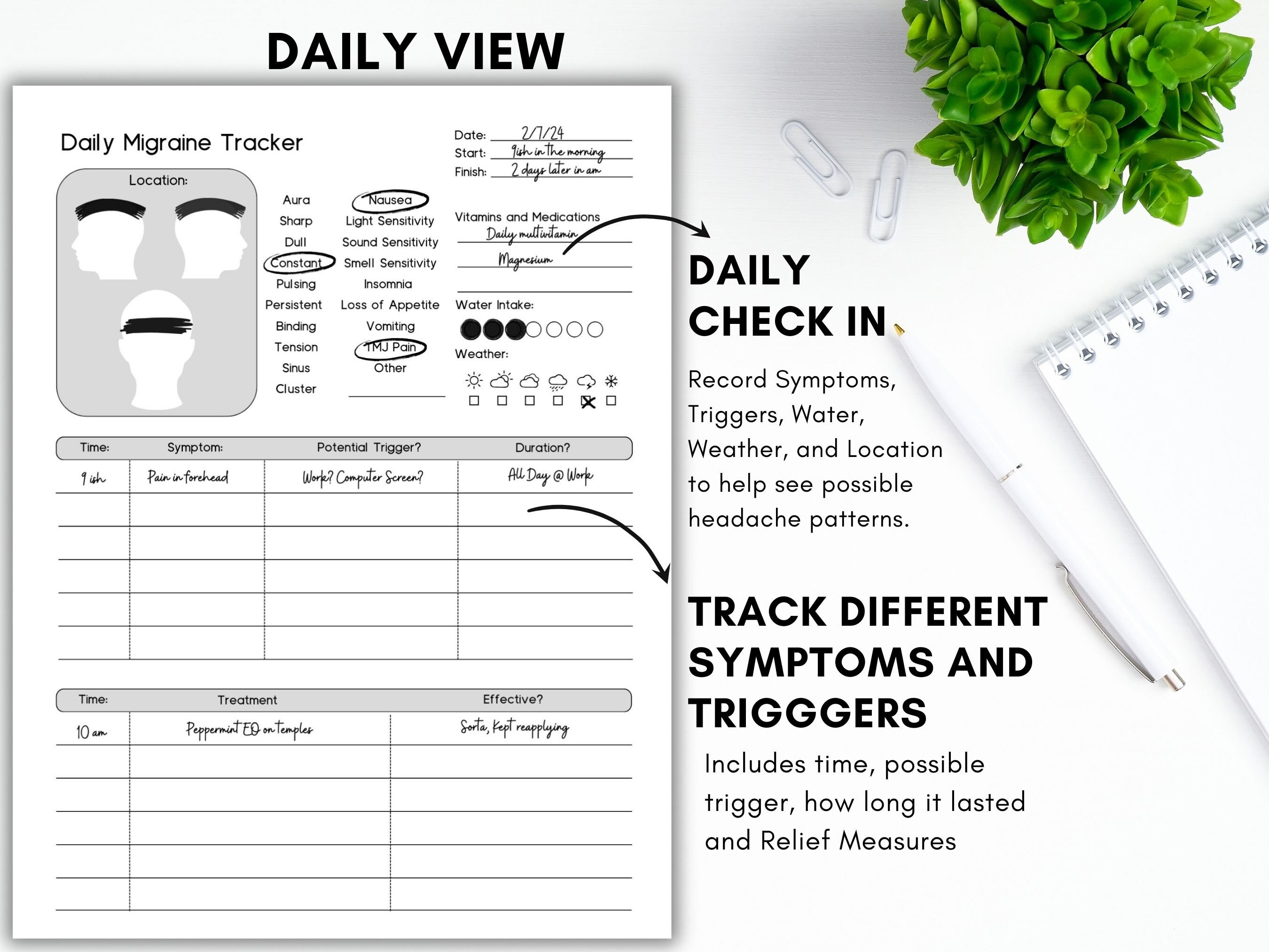 Migraine Tracker Printable Log Frequency and Severity of Chronic ...