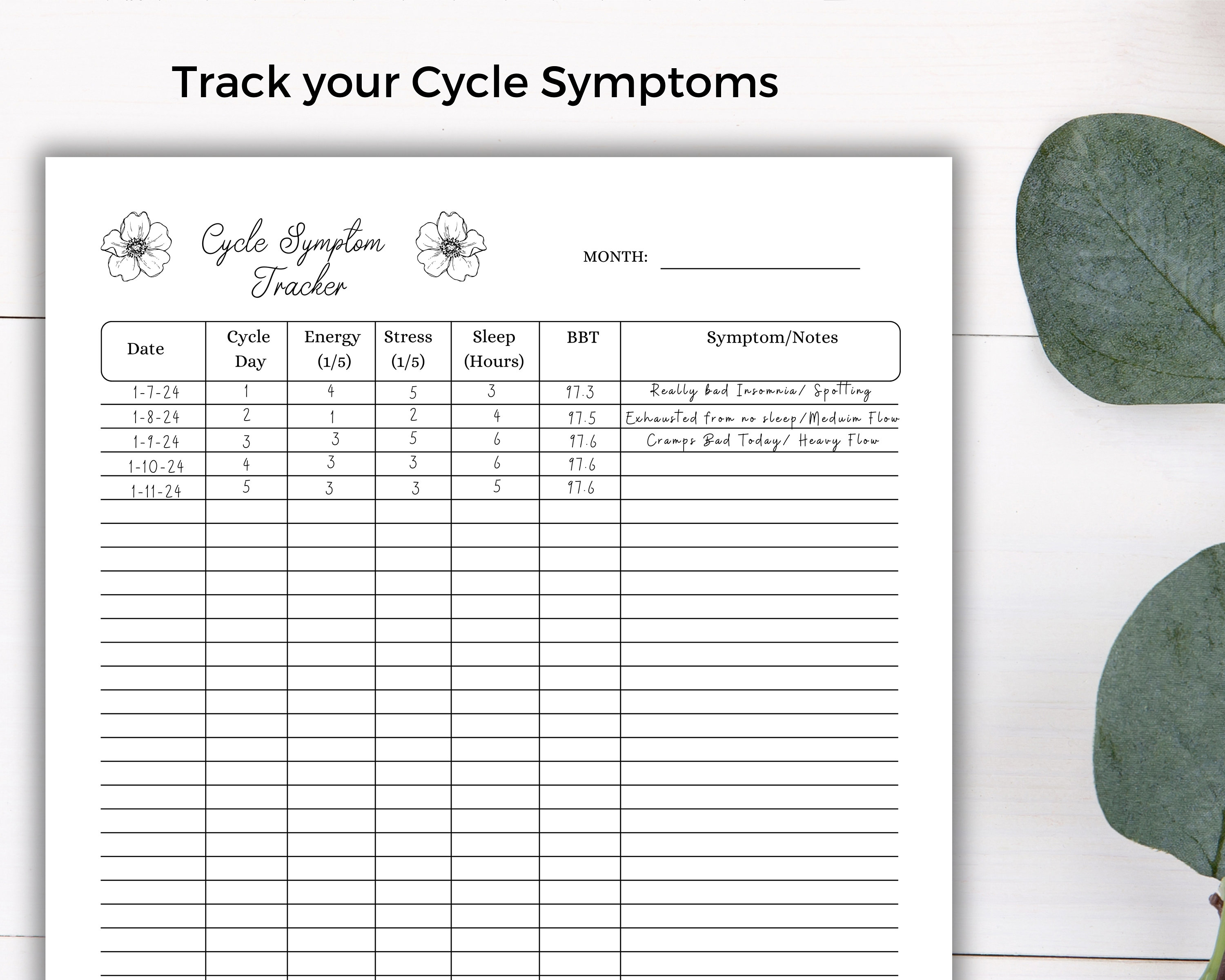Period Tracker Printable Digital Cycle Log Menstrual Chart Moon Cycle ...
