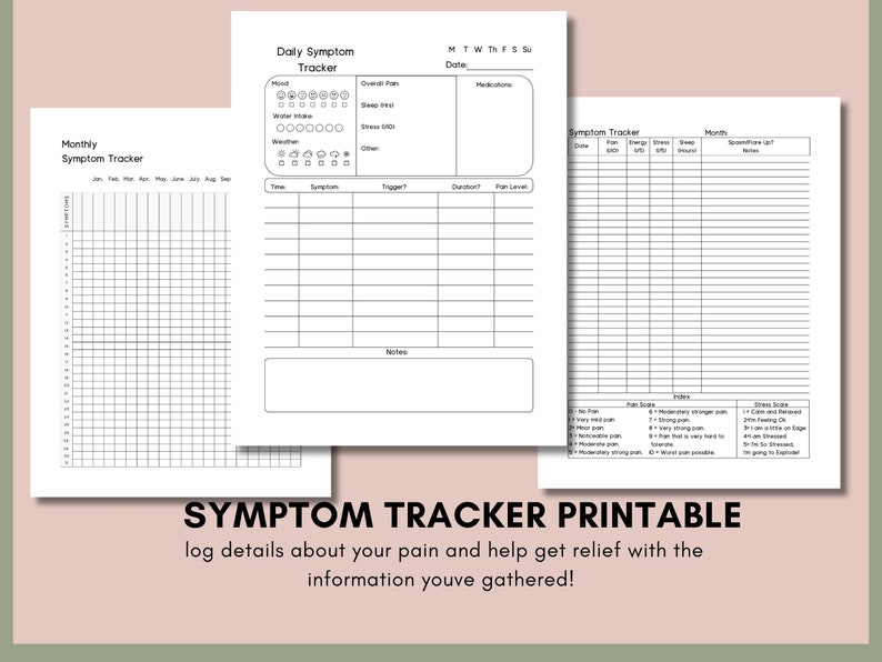 Printable Monthly Symptom Tracker, Fillable Daily Pain Log, Symptom ...