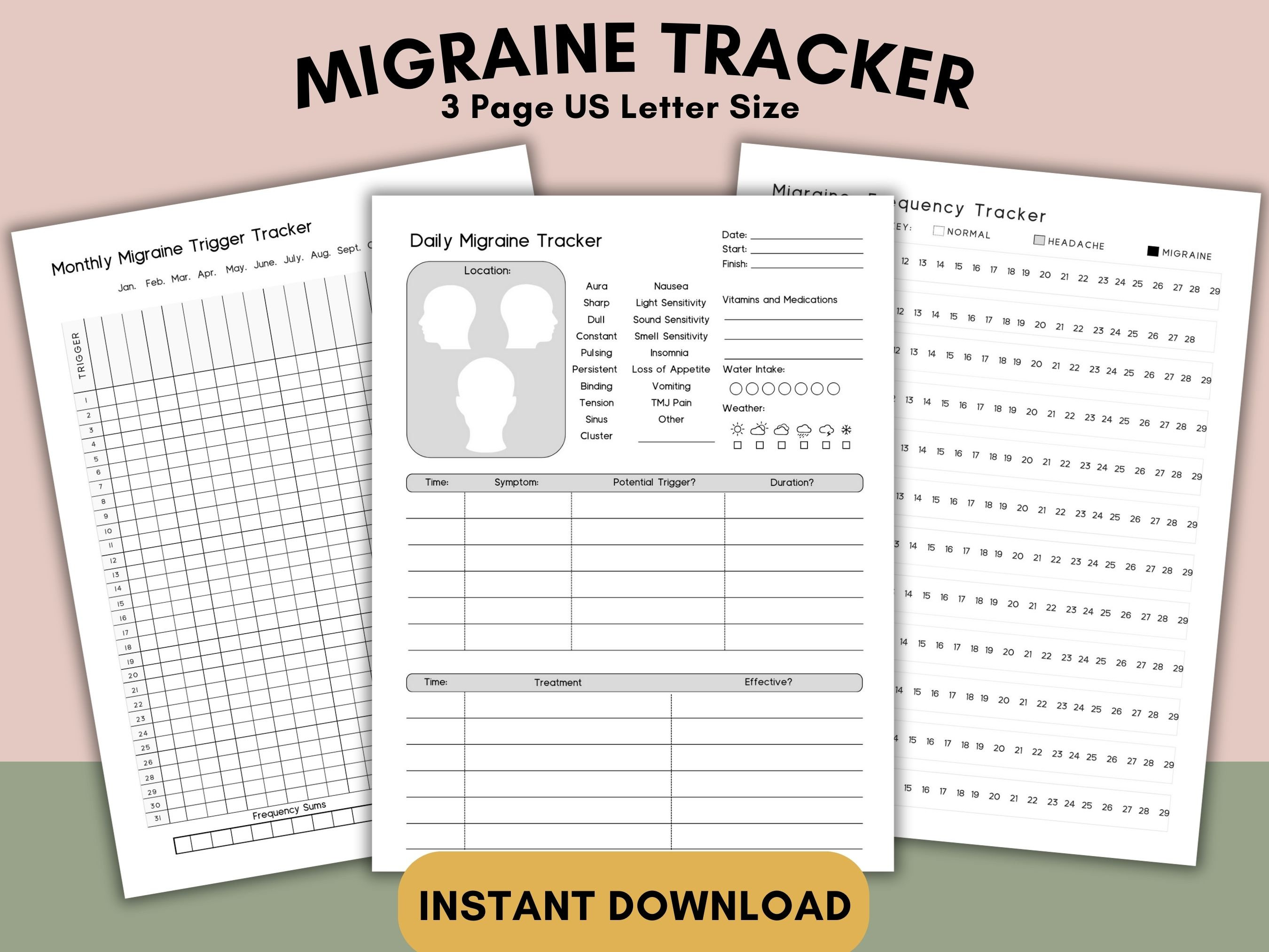 Migraine Tracker Printable Log Frequency and Severity of Chronic ...