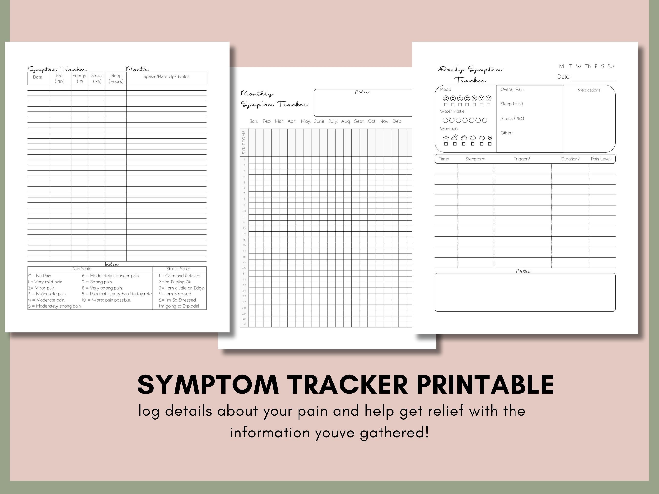 Symptom Tracker, Printable Daily Monthly Pain Log, Chronic Illness ...