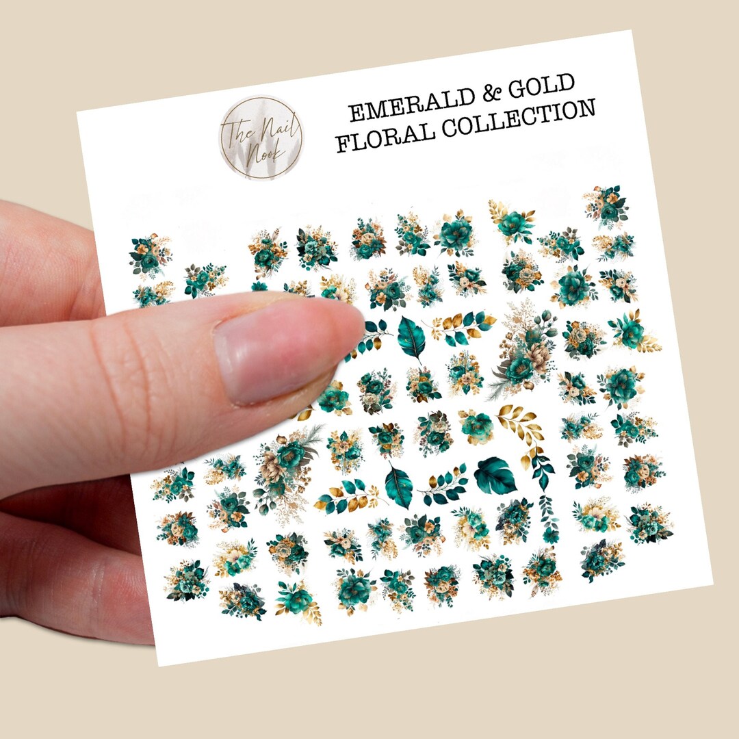 Emerald and Gold Floral Collection Water Slide Nail Decals - Etsy