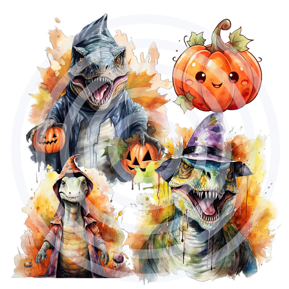 Halloween Dinosaur Clipart, Watercolor Pastel Halloween Dinosaur ...