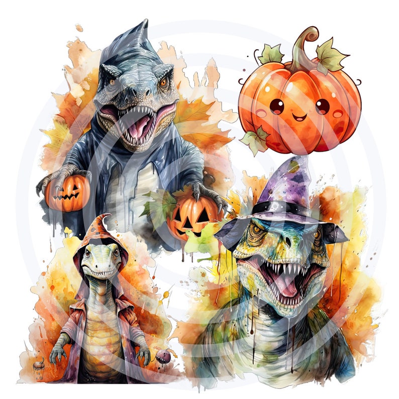Halloween Dinosaur Clipart, Watercolor Pastel Halloween Dinosaur ...