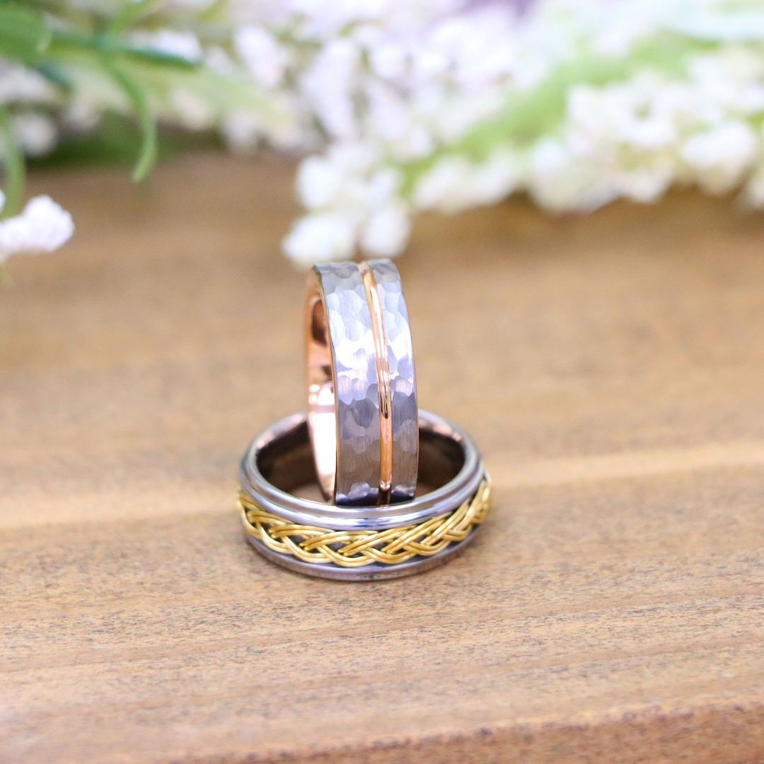 Hammered Mens Tungsten Meteorite Ring With Rose Gold, Rose Gold ...