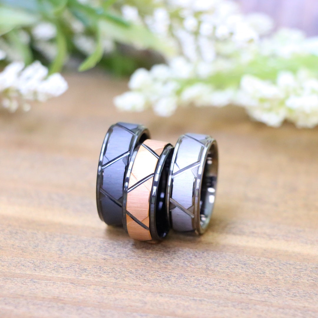 8mm Tungsten Gunmetal Brushed Rings Geometric Trapezoid Pattern Male ...