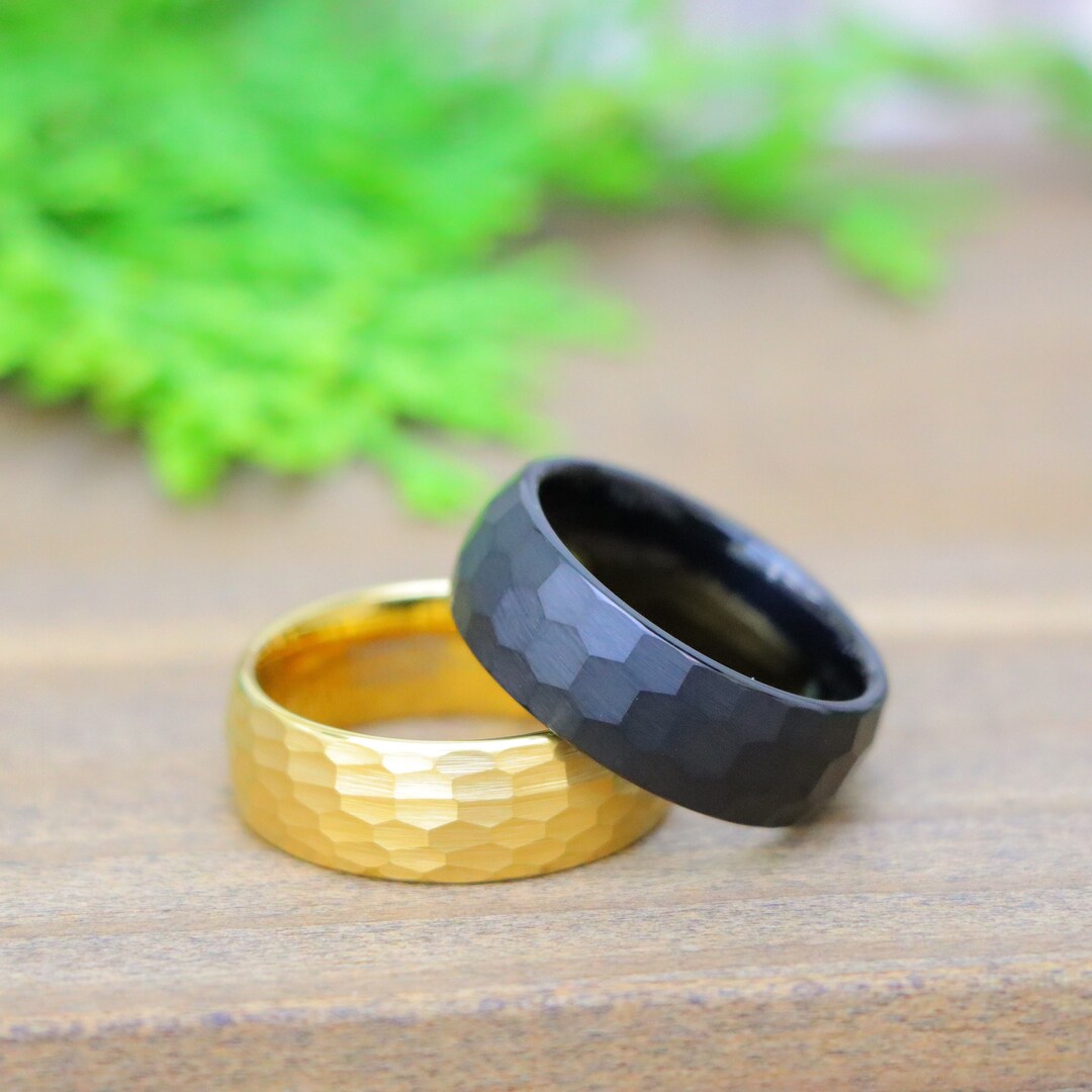 Gold Hammered Tungsten Band for Men, Black IP Plated Brushed Chiseled ...