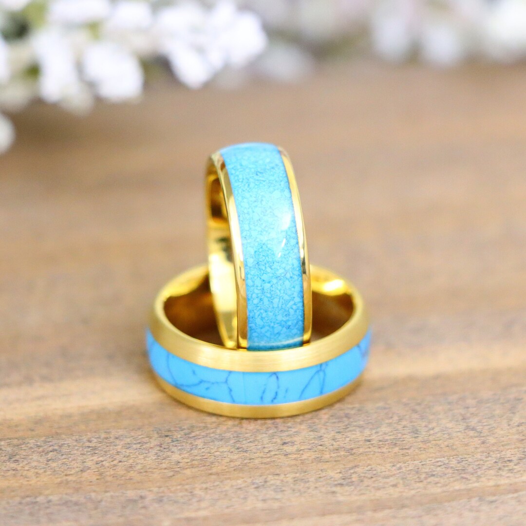 Crushed Blue Turquoise Inlay Wedding Rings, Gold Tungsten Engagement ...