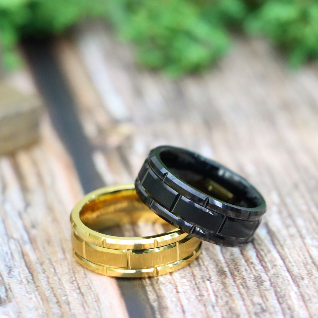 Black Tungsten Wedding Ring, Brick Pattern Brushed Men’s Wedding Bands ...