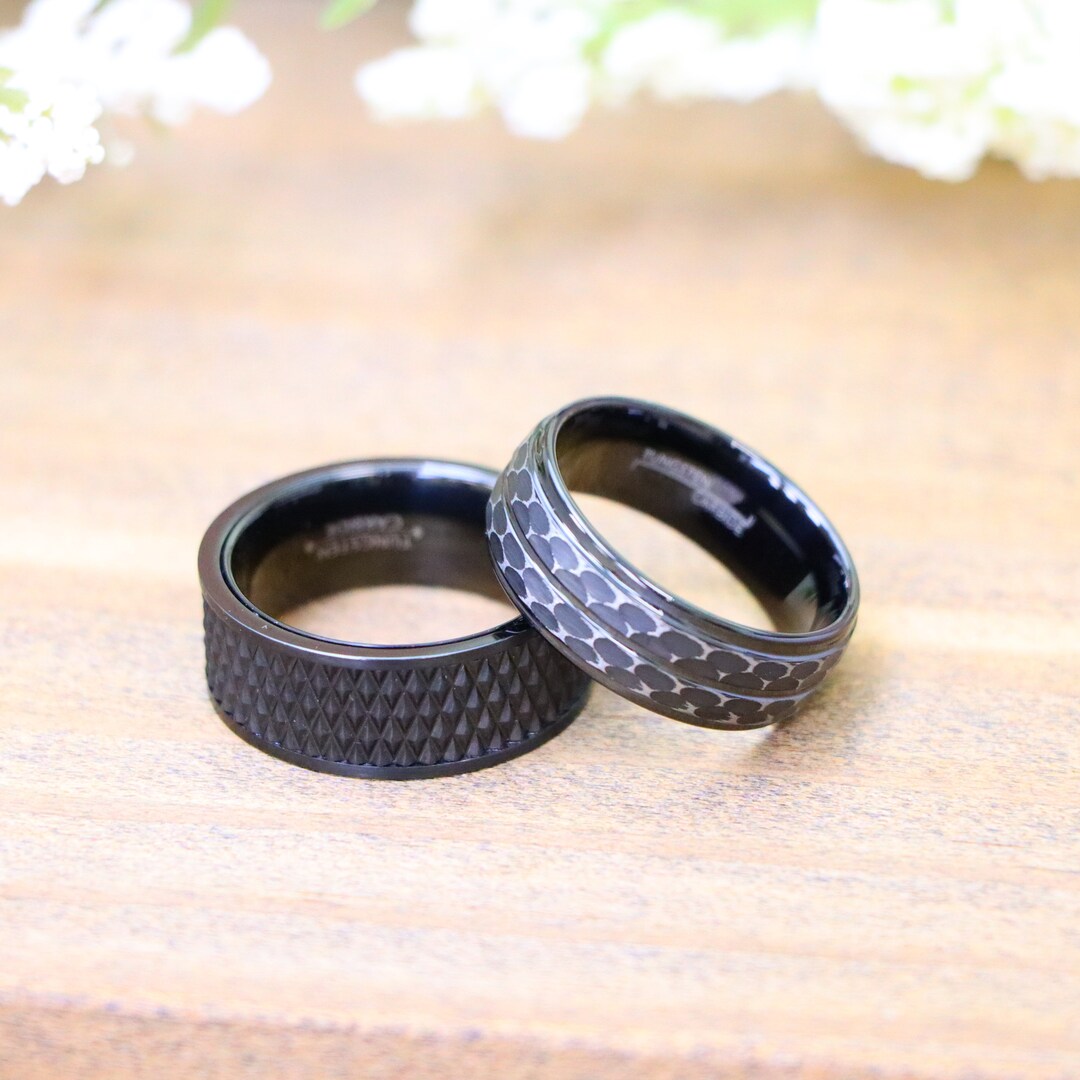 Black Tungsten Wedding Band, Spike Design Ring, Biker Style Band ...