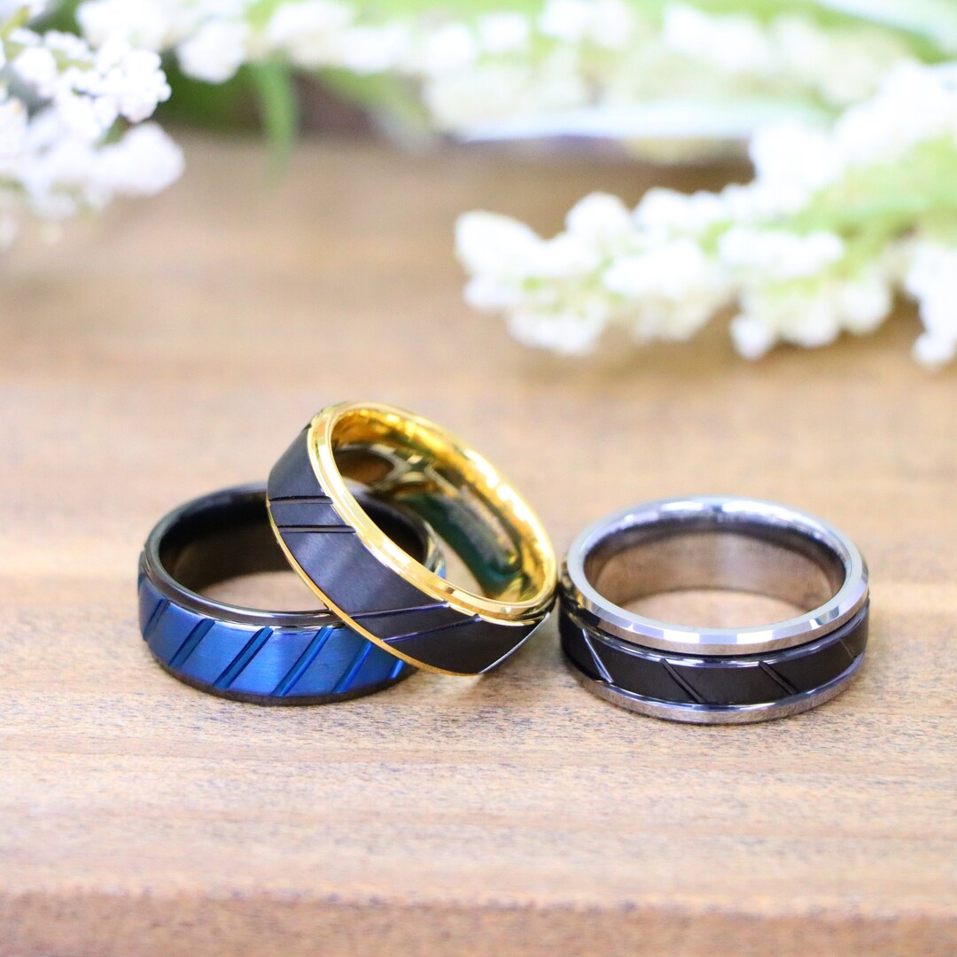 Diagonal Grooved Tungsten Men's Wedding Band, Yellow Gold Engagement ...