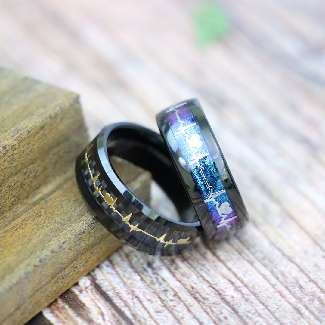 Heartbeat Cut Out Inlay, Men’s Wedding Band, Engagement Ring, Unique ...