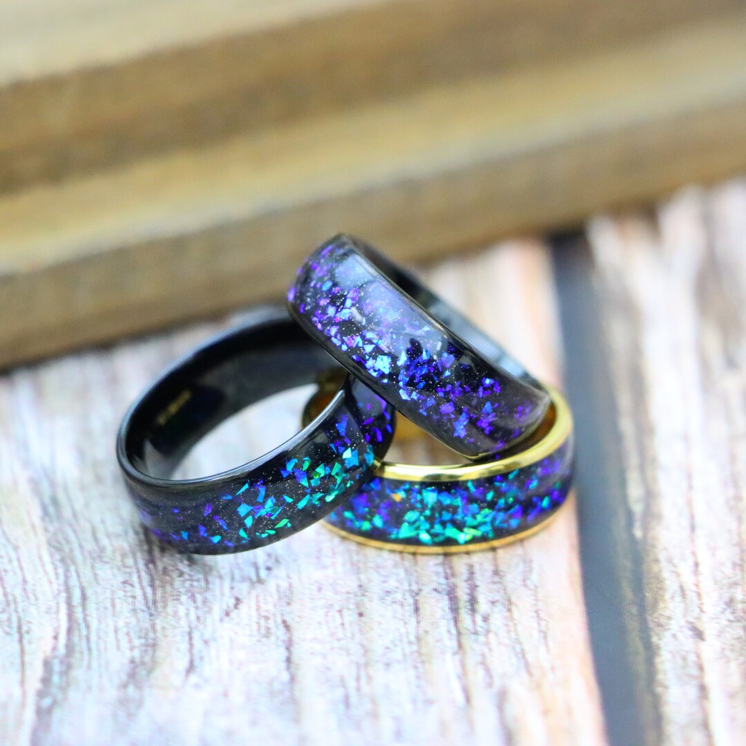 Blue Opal & Abalone Fragment Inlay Men's Wedding Ring, Engraved ...
