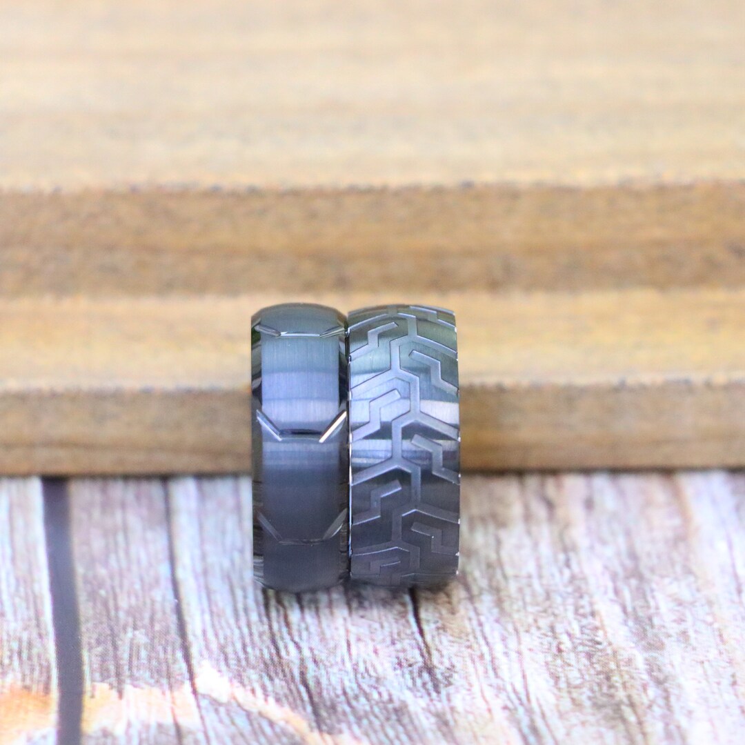 Black Wedding Ring, 8mm Tungsten Ring, Motorcycle Tire Ring, Tungsten ...