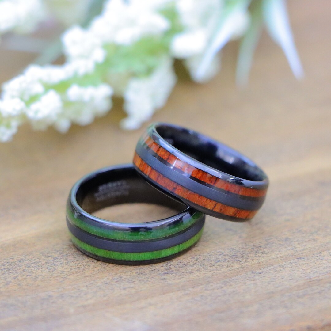 Black Tungsten Ring With Exotic Green Wood Inlay Wedding Band, Mens Koa ...