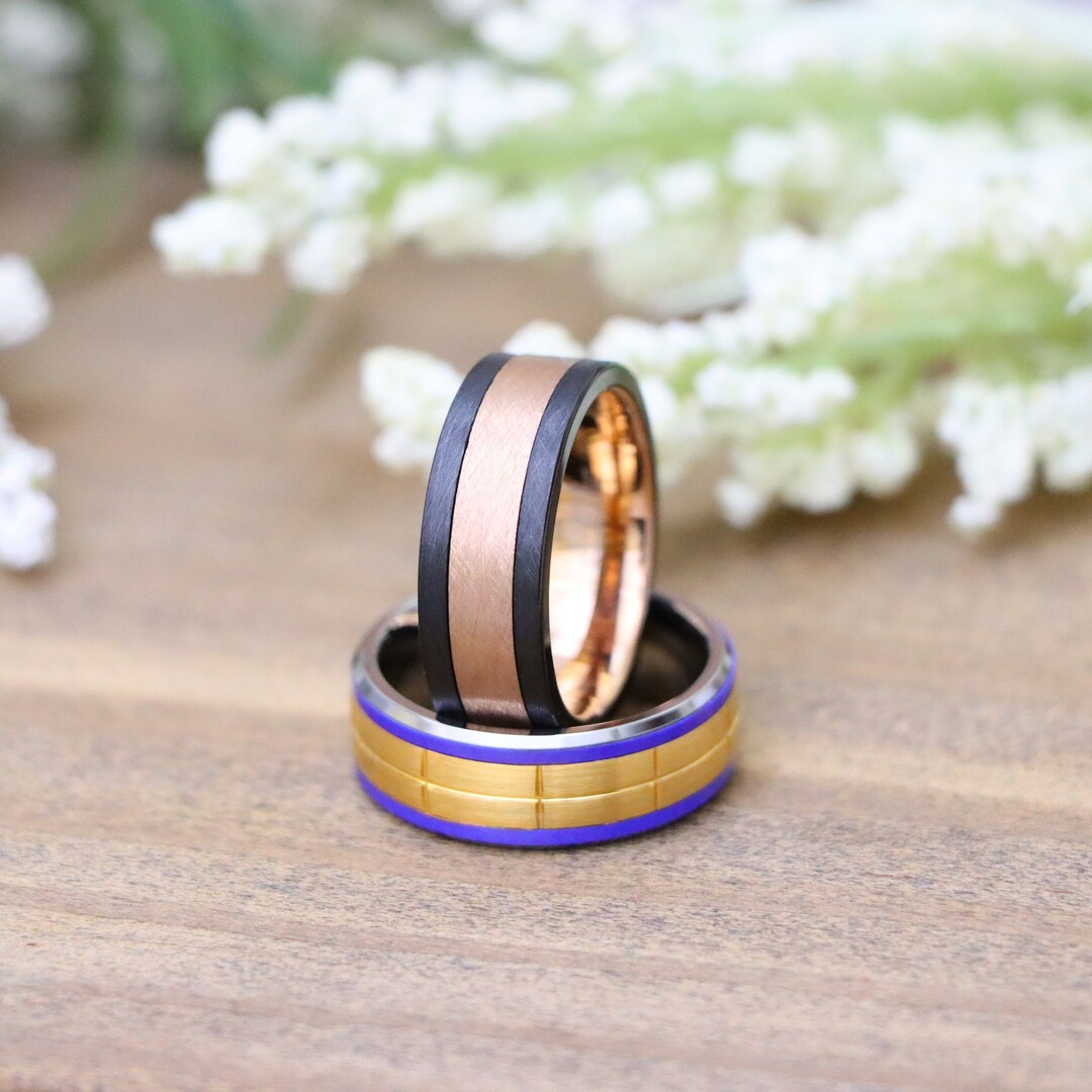 Black Rose Gold Cross Hatch Center Stepped Edge Tungsten Wedding Ring ...