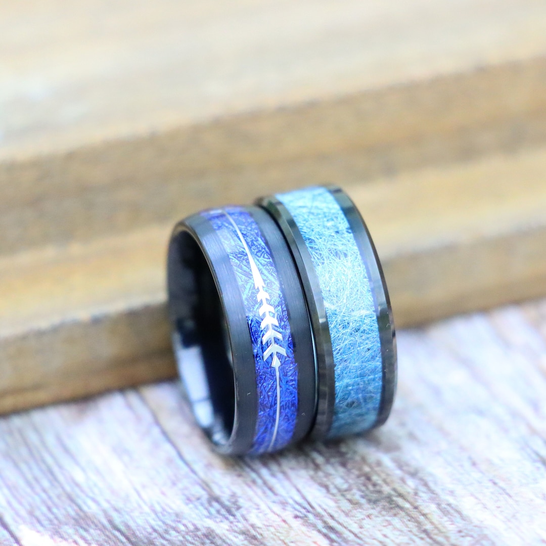 Blue Meteorite Inlay Engagement Ring Feathered Arrow Inlay Black ...