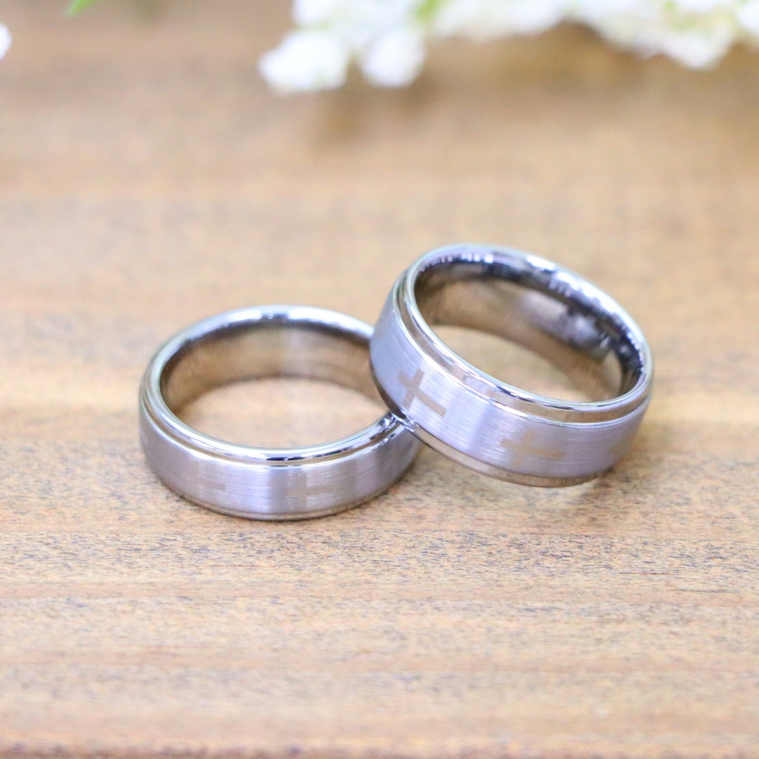 Couples Matching Christian Cross Bands Tungsten Stepped Edge Wedding ...