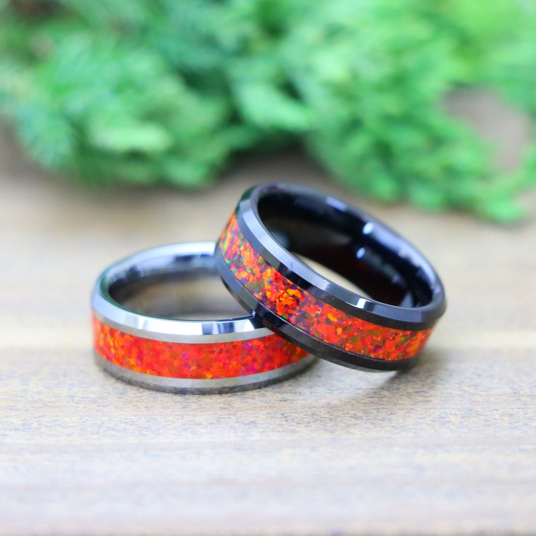 Black Tungsten Red Fire Opal Inlay Wedding Band, Men's Opal Tungsten ...