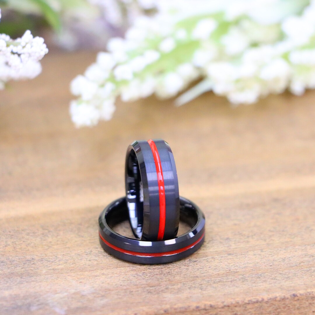 Fire Fighter Wedding Band, Black Tungsten Band, Red Tungsten Ring ...