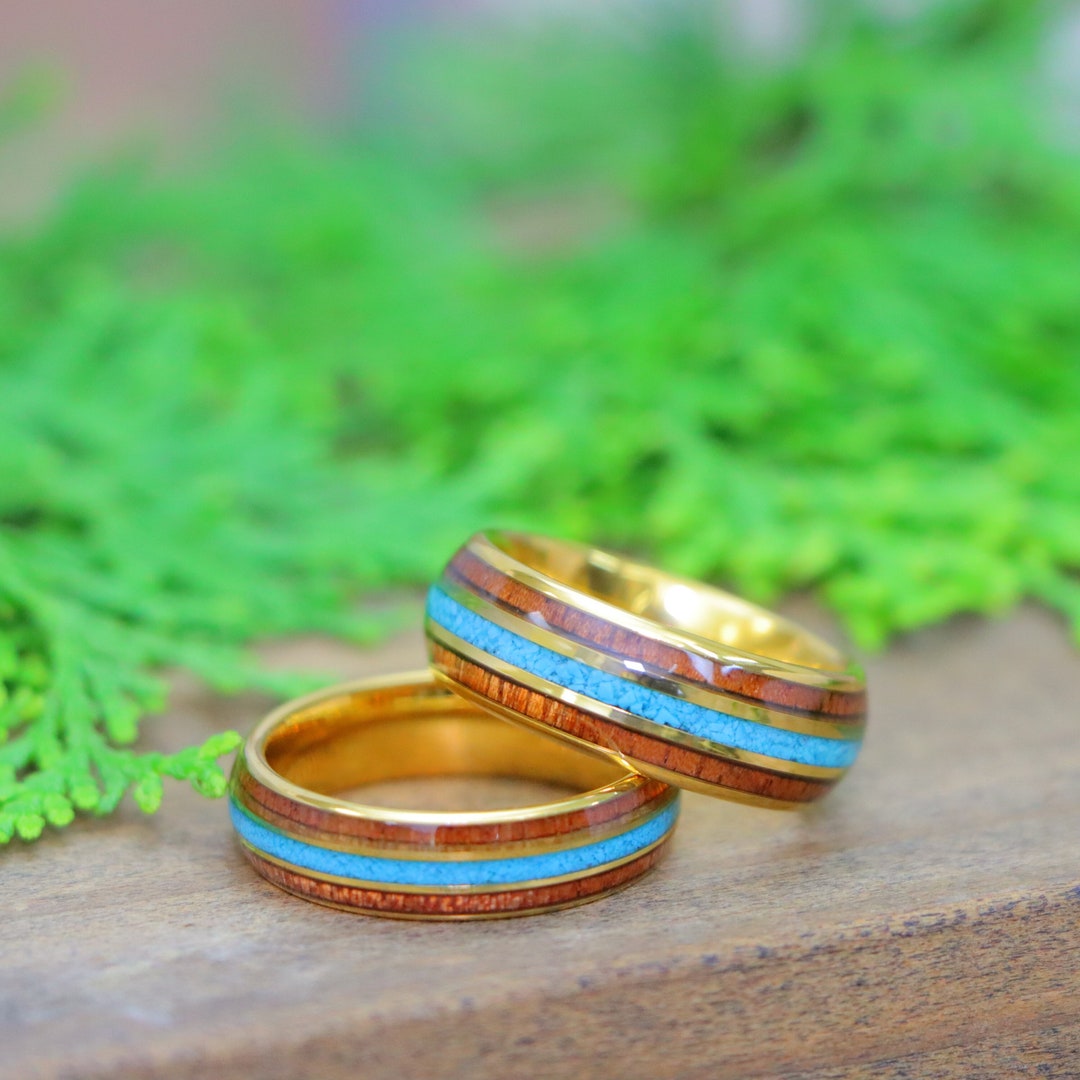 Tungsten Turquoise Wood Inlay Wedding Band, Gold Couple Ring Rosewood ...