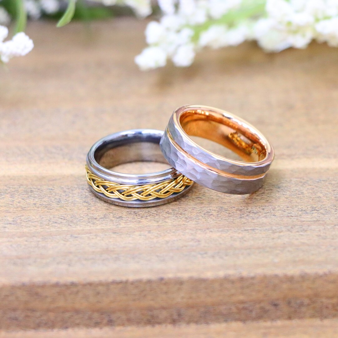 Gold Braided Rope Inlay Tungsten Ring, 8mm Silver Tungsten Ring ...