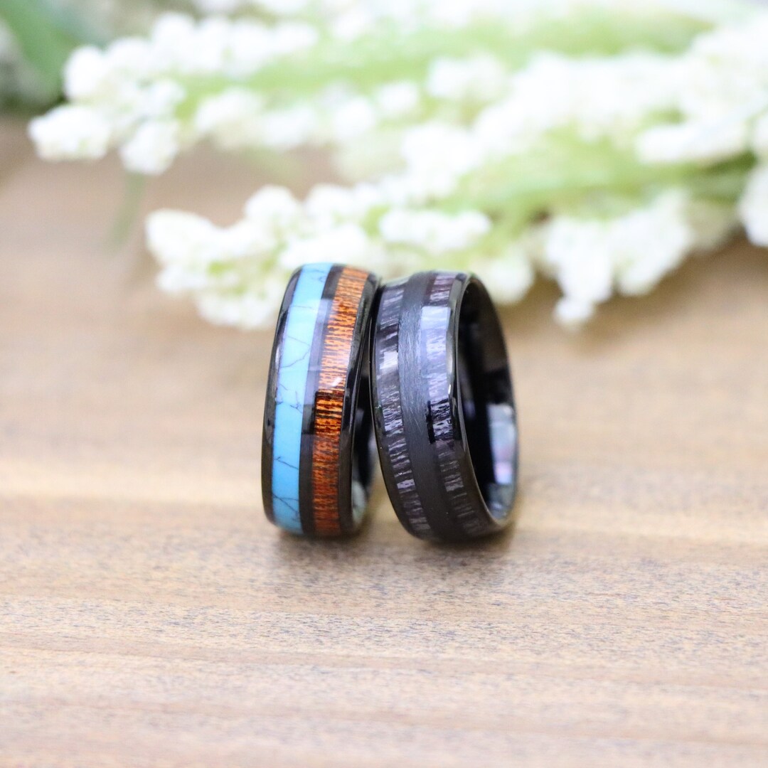 Charcoal Wood Wedding Ring, Mens Turquoise Wedding Band, Mans Turquoise ...
