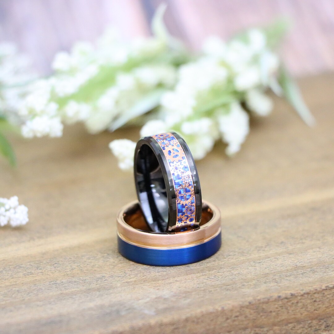 Men's Blue & Rose Gold Wedding Band, Men's Engraved Engagement Band, Carbon Fiber Gear Wedding ...