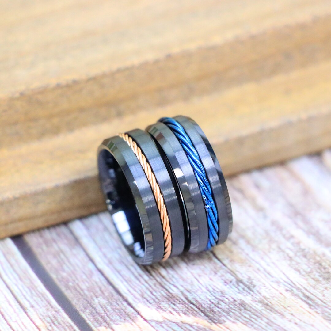 Twisted Rope Inlay Engagement Rings, Unique Black Tungsten Wedding Band ...
