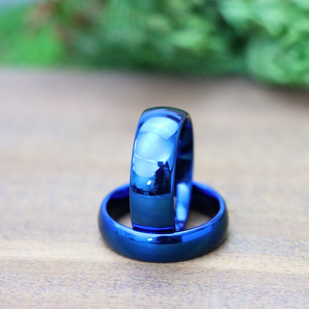 Blue Polished Tungsten Ring Shiny Minimalist Wedding Rings Blue Wedding ...