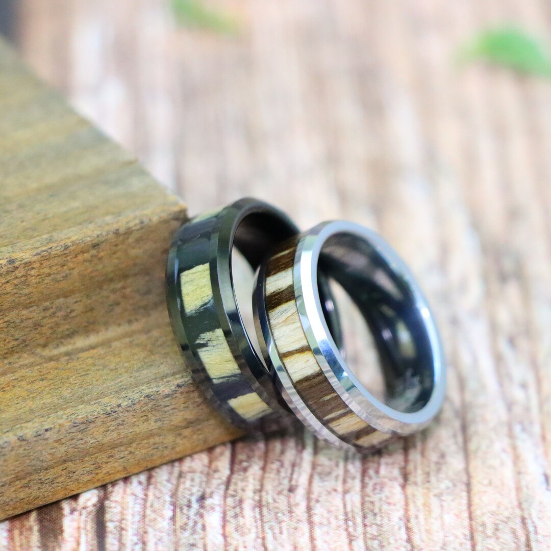 Men's Engagement Rings, Zebra Wood Inlay Silver Tungsten Men's Wedding ...