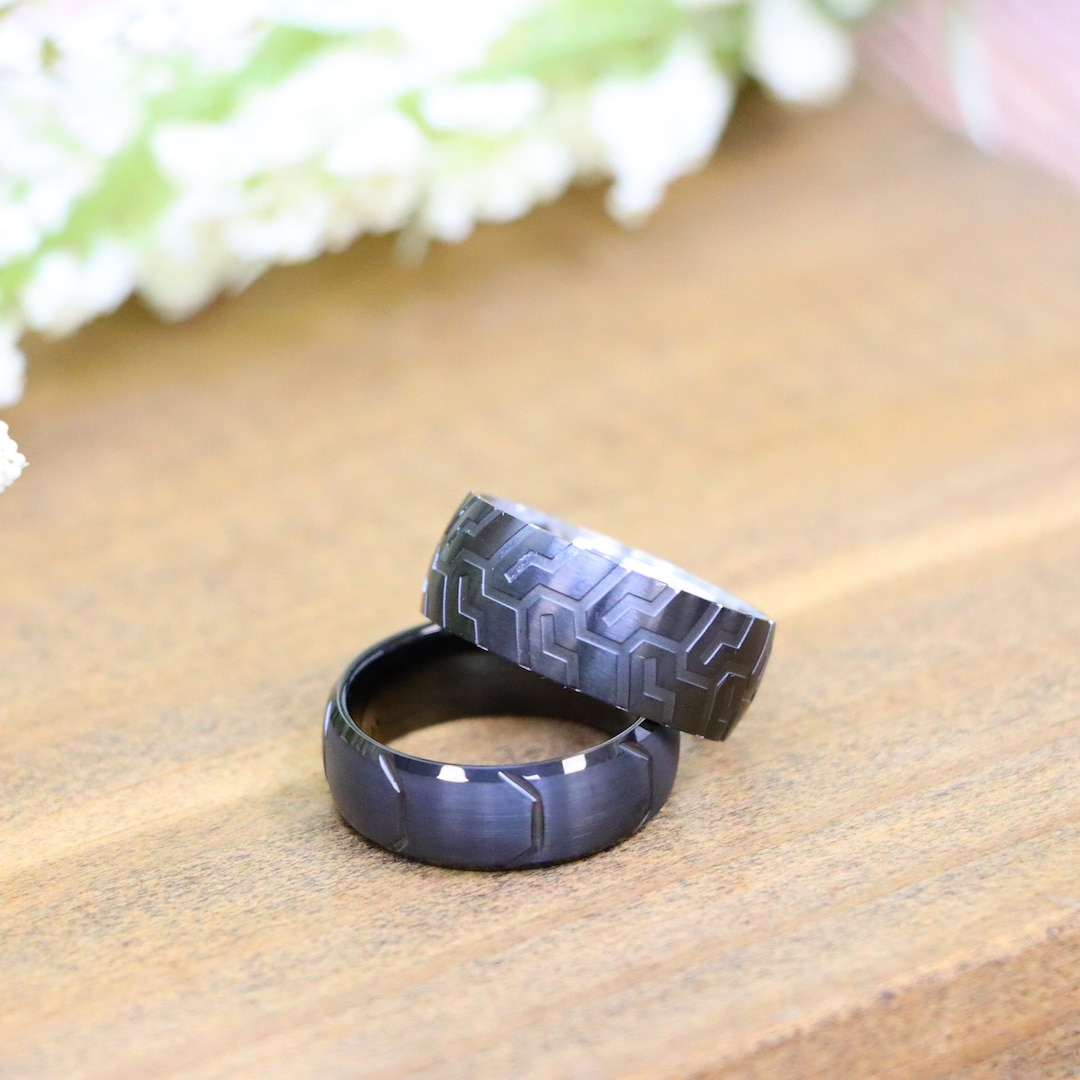 Black Wedding Ring, 8mm Tungsten Ring, Motorcycle Tire Ring, Tungsten ...