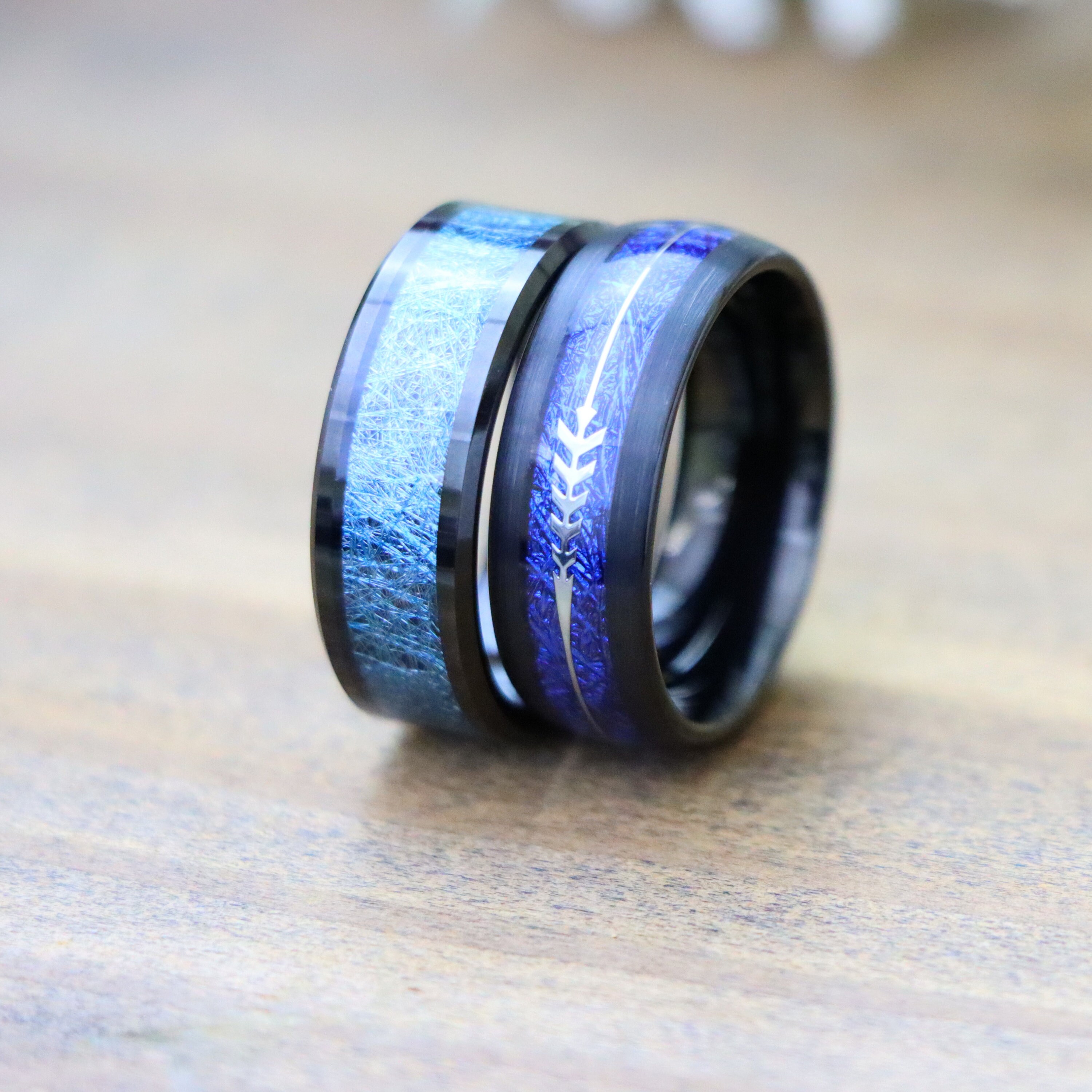 Blue Meteorite Inlay Engagement Ring Feathered Arrow Inlay Black ...