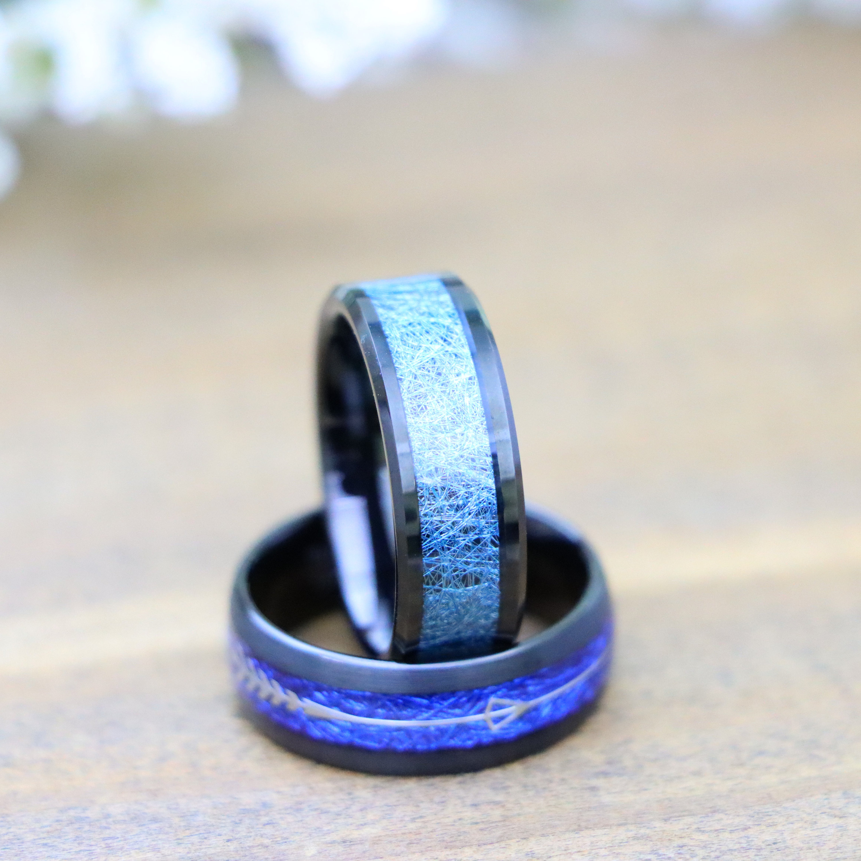 Blue Meteorite Inlay Engagement Ring Feathered Arrow Inlay Black ...