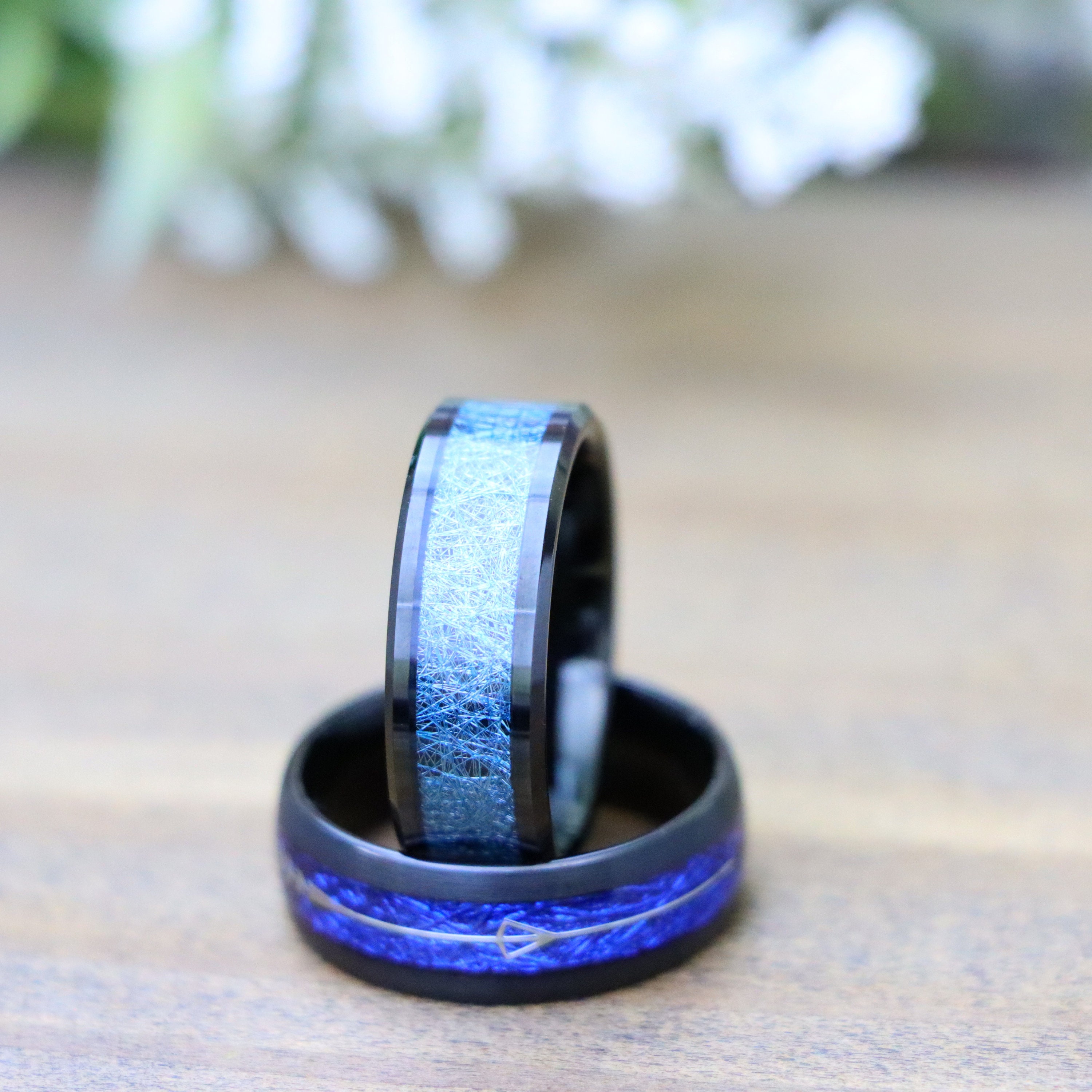 Blue Meteorite Inlay Engagement Ring Feathered Arrow Inlay Black ...