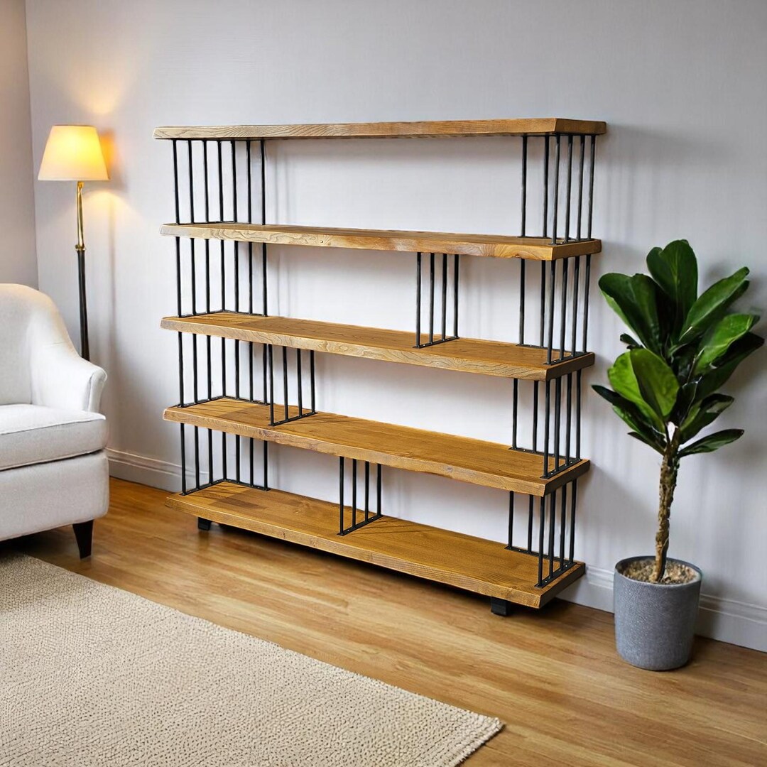 Custom Wooden Open Shelving Bookcase – Solid Wood Bookshelf With Metal ...