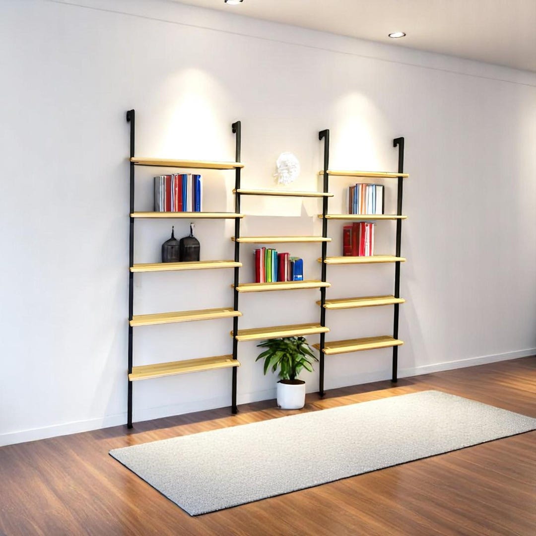 Custom Solid Wood Open Shelving Bookcase Wall Mounted With Metal ...