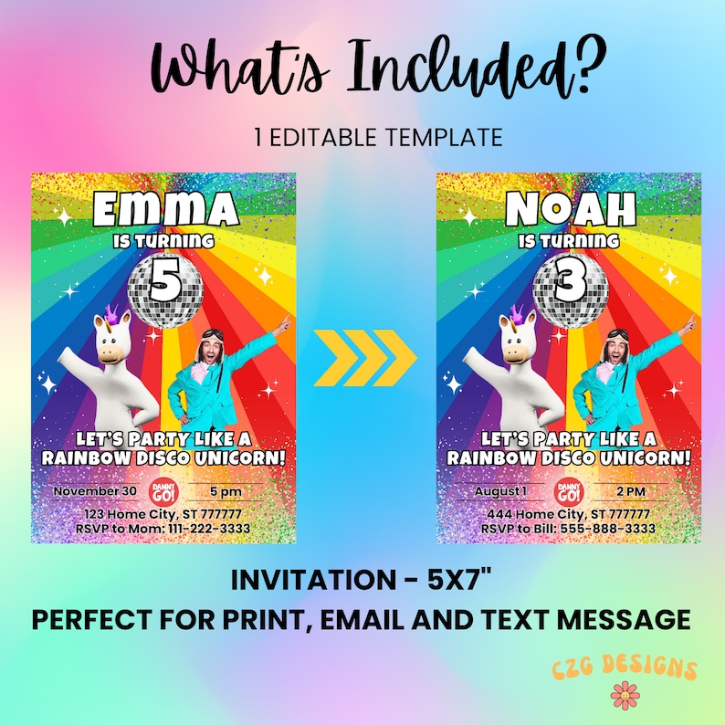 Danny Go Birthday Invitation Template Rainbow Disco Unicorn Theme ...