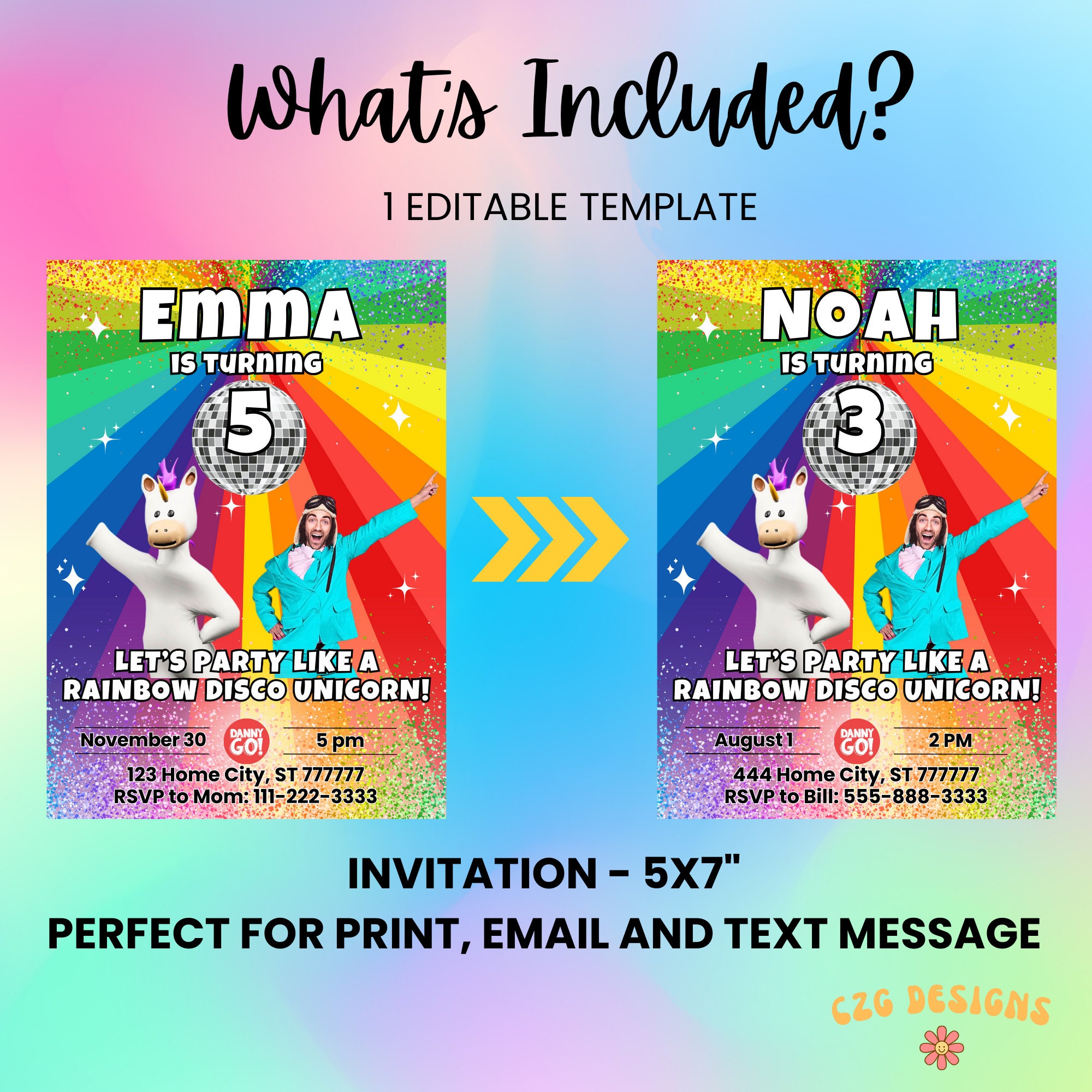Danny Go Birthday Invitation Template Rainbow Disco Unicorn Theme ...
