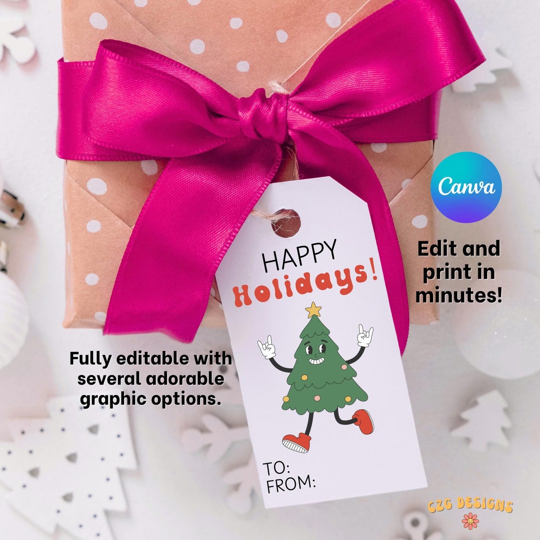 Retro Christmas Gift Tag, Printable Holiday Tags, Editable in Canva ...