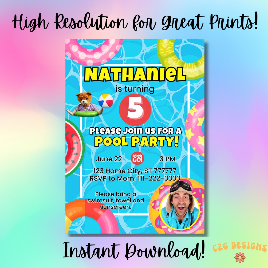 Danny Go Pool Party Editable Invitation, Danny Go Themed Party for Girl ...