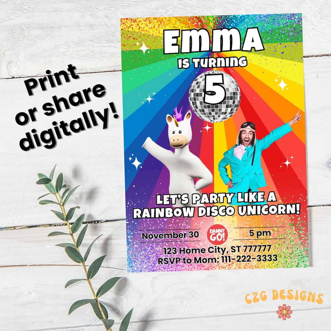 Danny Go Birthday Invitation Template Rainbow Disco Unicorn Theme ...